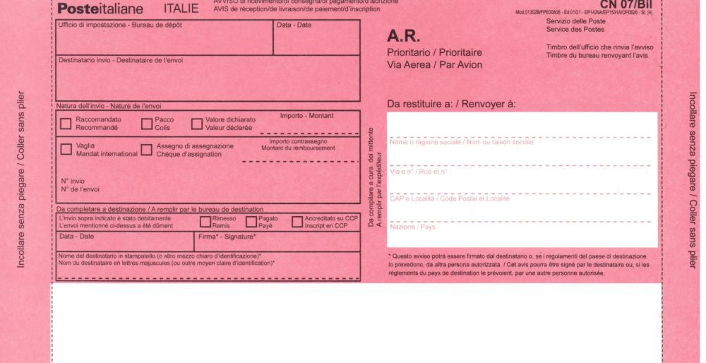 Avviso di ricevimento per l'estero Mod. CN07 – Gruppo Marchiotto
